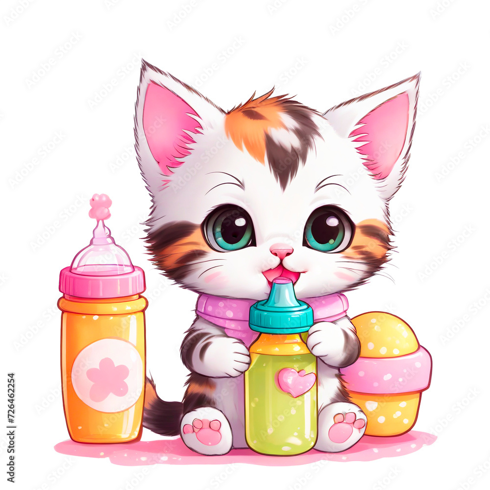 cute baby kitten with a baby bottle drawing PNG on transparent ...
