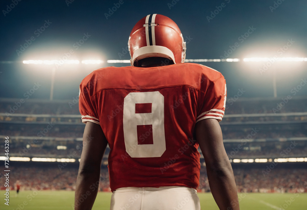 A football player stands confidently on the field of a bustling stadium ...
