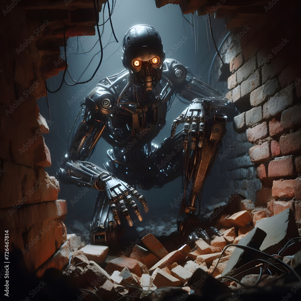 AI robot hiding behind the wall. Concept of AI self consciousness ...