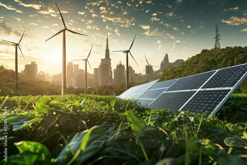 Renewable Energy Landscape with Wind Turbines and Solar Panels ...