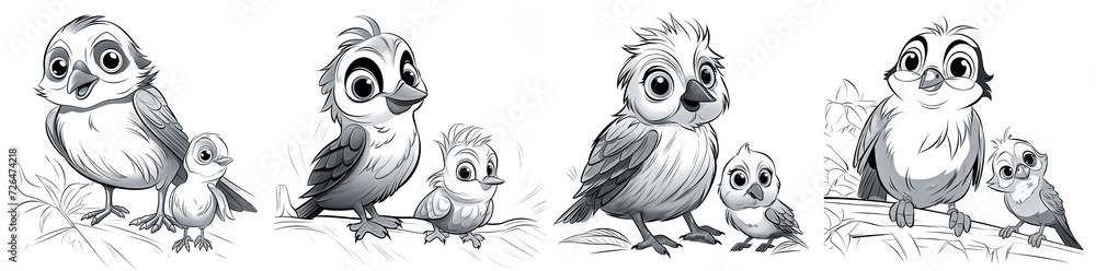 Coloring page featuring a sparrow and sparrows in a cute cartoon style ...