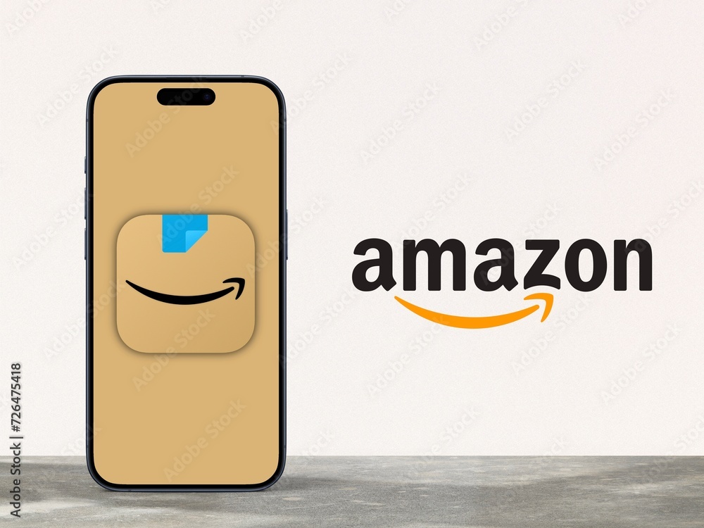 Modern smartphone shows logo of the Amazon App, logo of the e-commerce ...