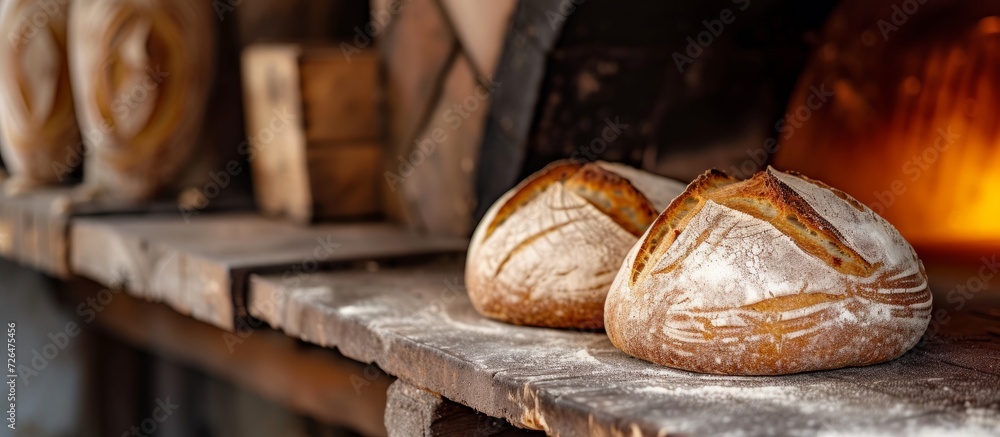 Baking whole wheat bread in a wood oven with two freshly baked loaves ...