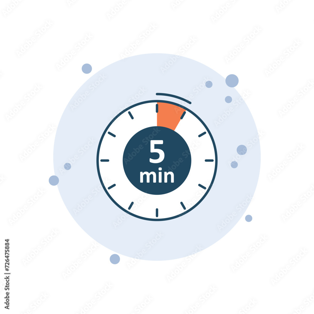 Cartoon clock icon vector illustration. 5 min timer on bubbles ...