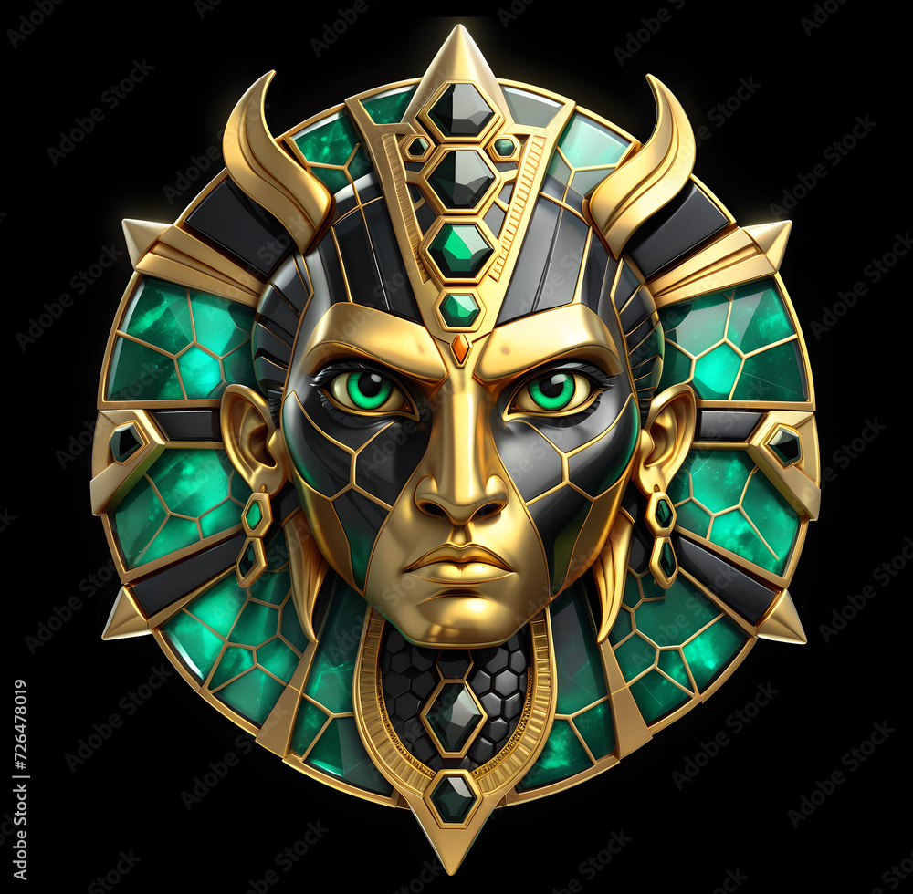 A gold and jade Egyptian god head metal emblem. 3D style artifact metal ...