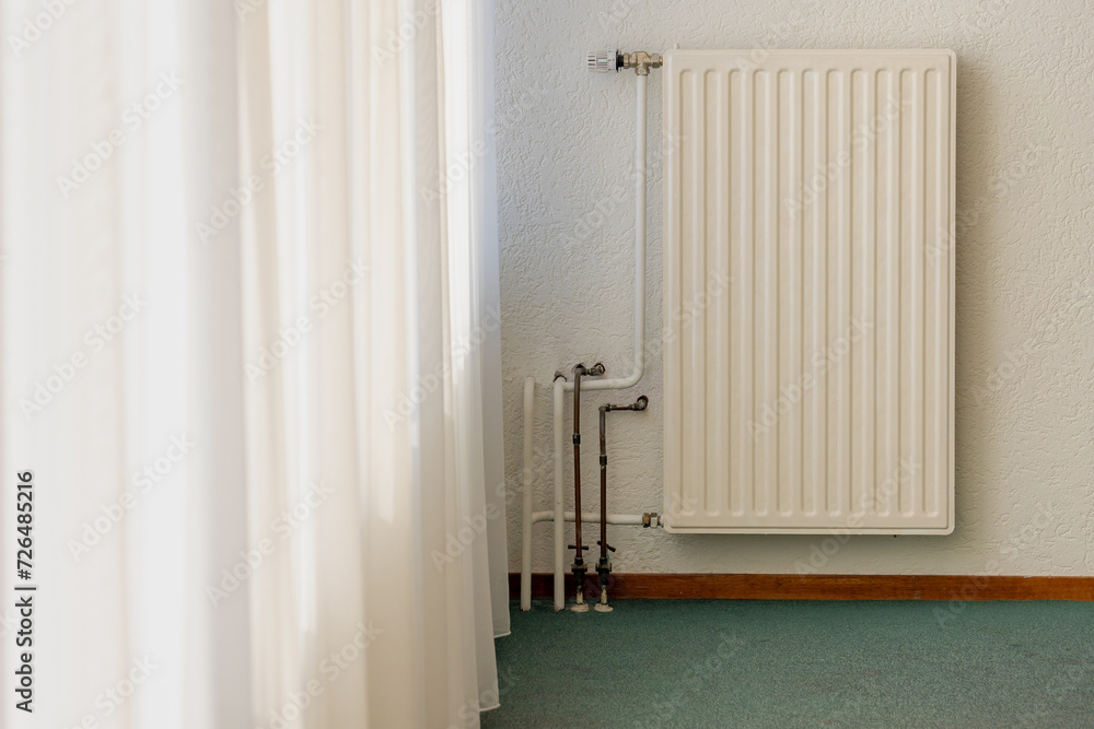 Old classic realistic white steel panel heating radiator, White sheer ...