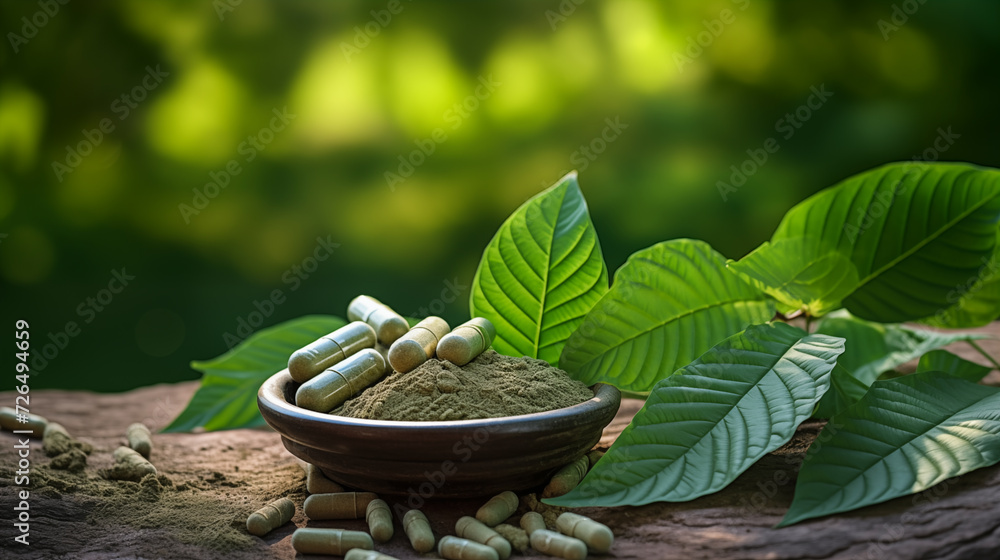 Mitragyna speciosa (kratom) leaves with medicinal products in the form of capsules and the ...