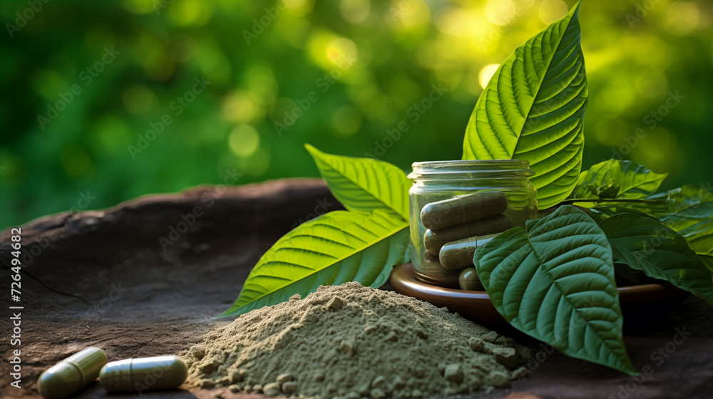 Mitragyna speciosa (kratom) leaves with medicinal products in the form of capsules and the ...