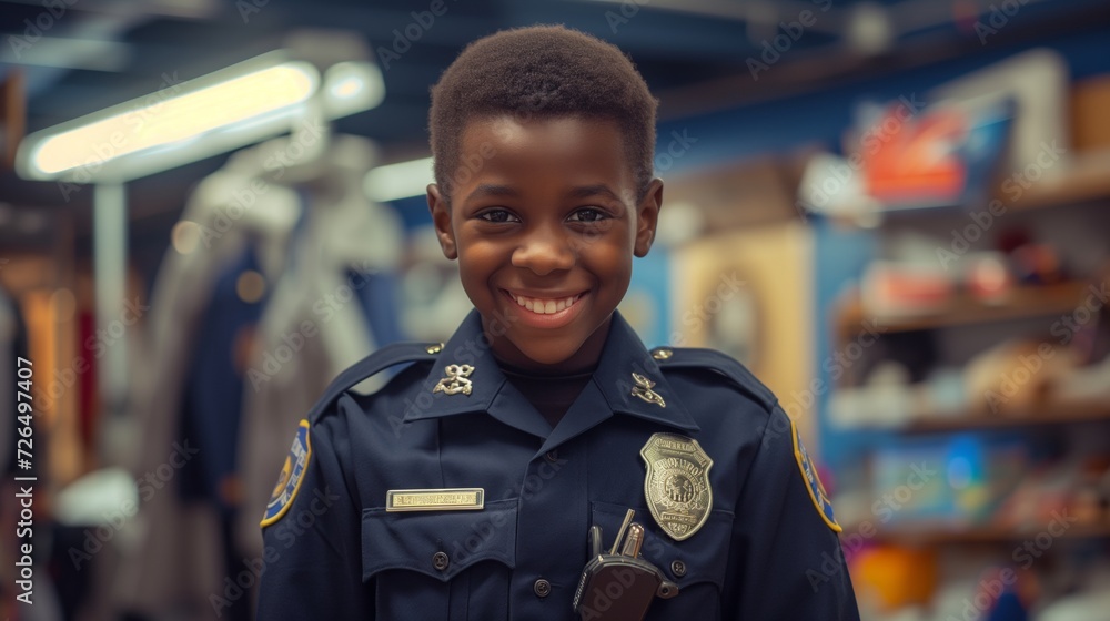 Smiling African-American Kid as Police Officer A cheerful child dressed ...
