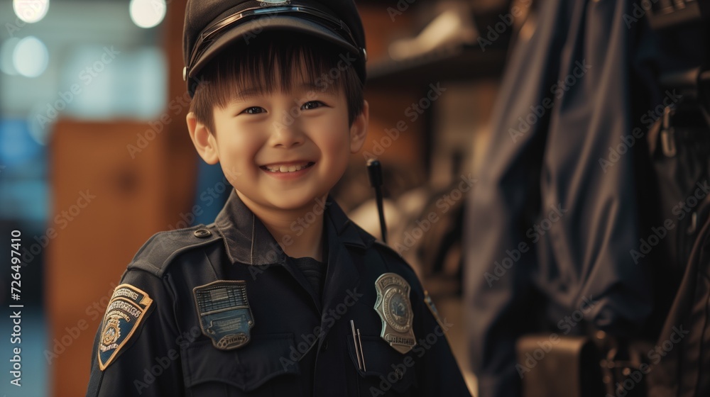 Smiling Asian Kid as Police Officer A cheerful child dressed in a ...