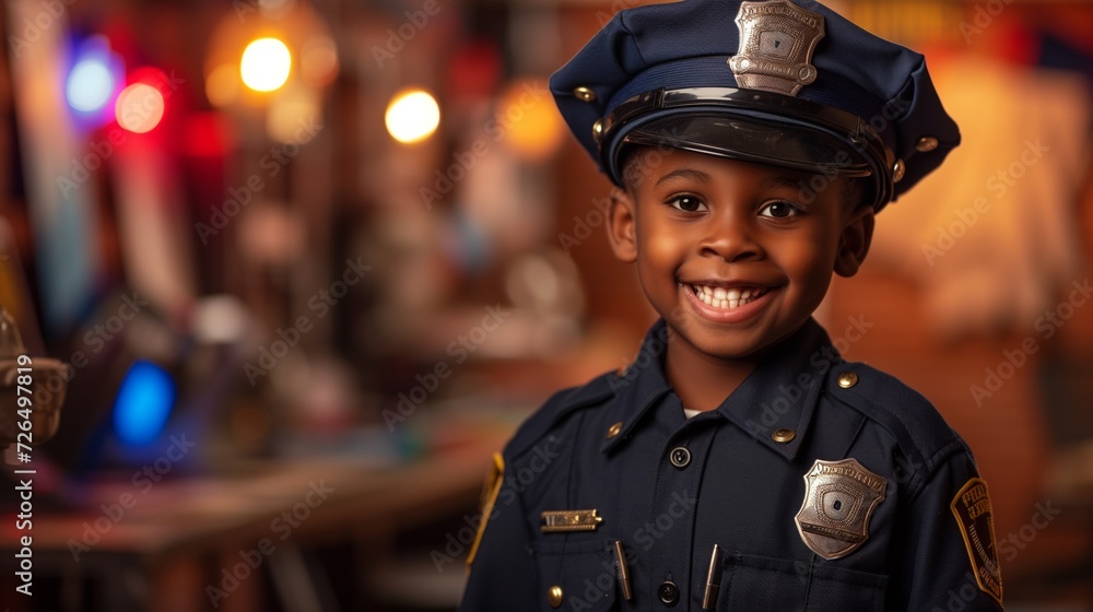 Smiling African-American Kid as Police Officer A cheerful child dressed ...