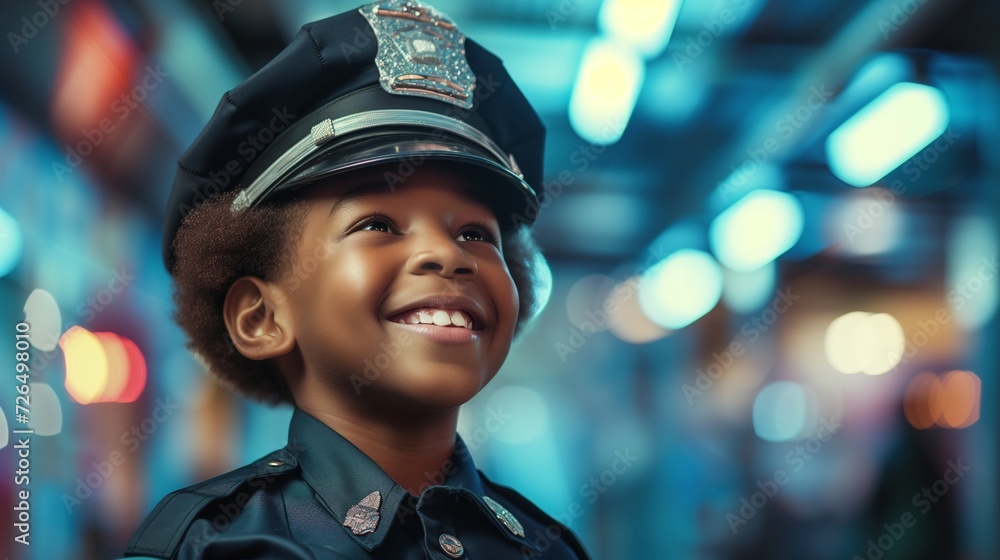 Smiling African-American Kid as Police Officer A cheerful child dressed ...