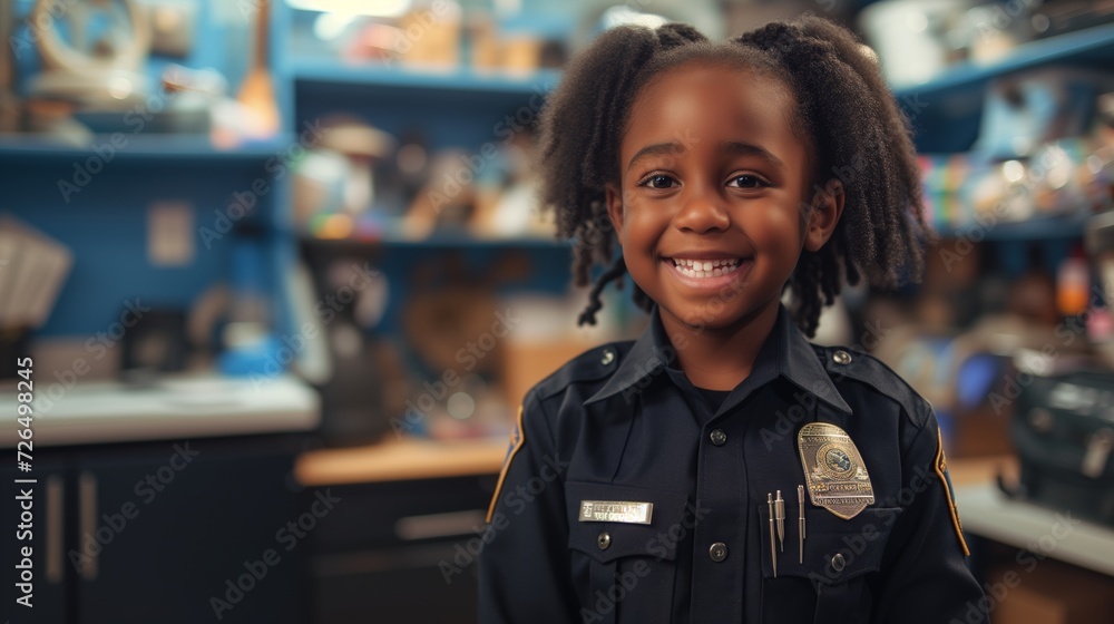 Smiling African-American Kid as Police Officer A cheerful child dressed ...