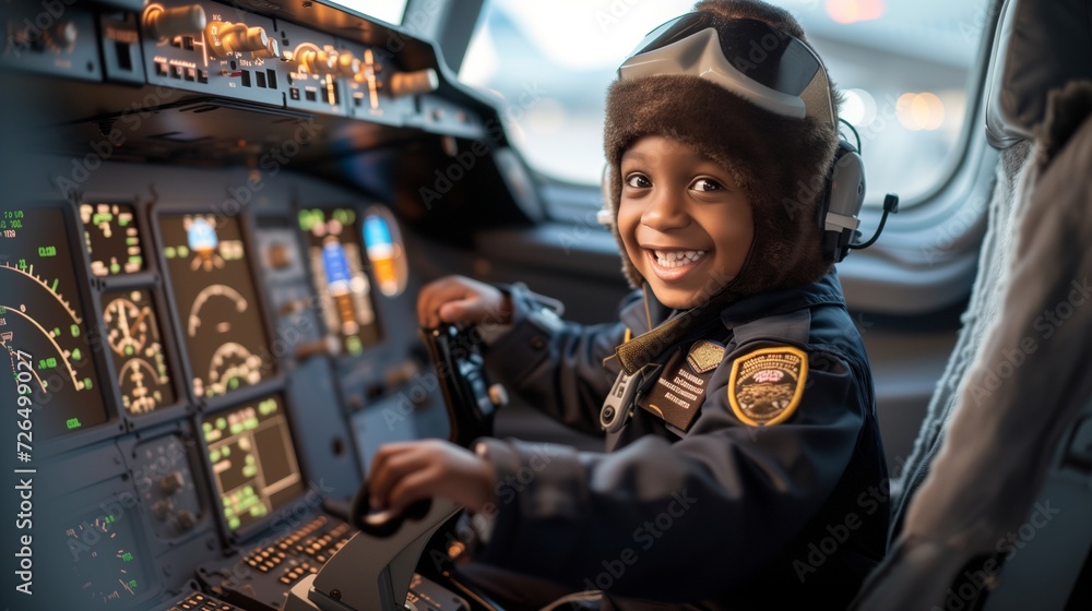 Happy Kid as Airplane Captain joyful child dressed in a pilot suit ...