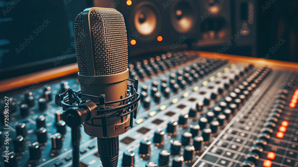 Close-up of a studio microphone setup with an audio mixer and monitors ...