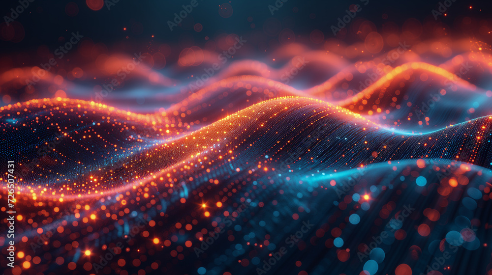 Abstract Technology Background With Glowing Particles A Digital Landscape Of Undulating Mesh