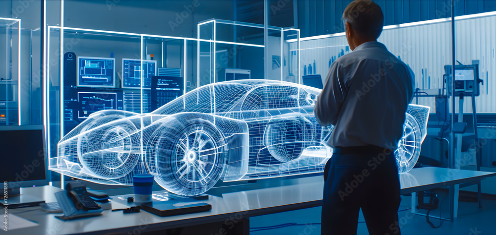 Automotive Design Engineer Looking at a virtual car in a laboratory. In ...