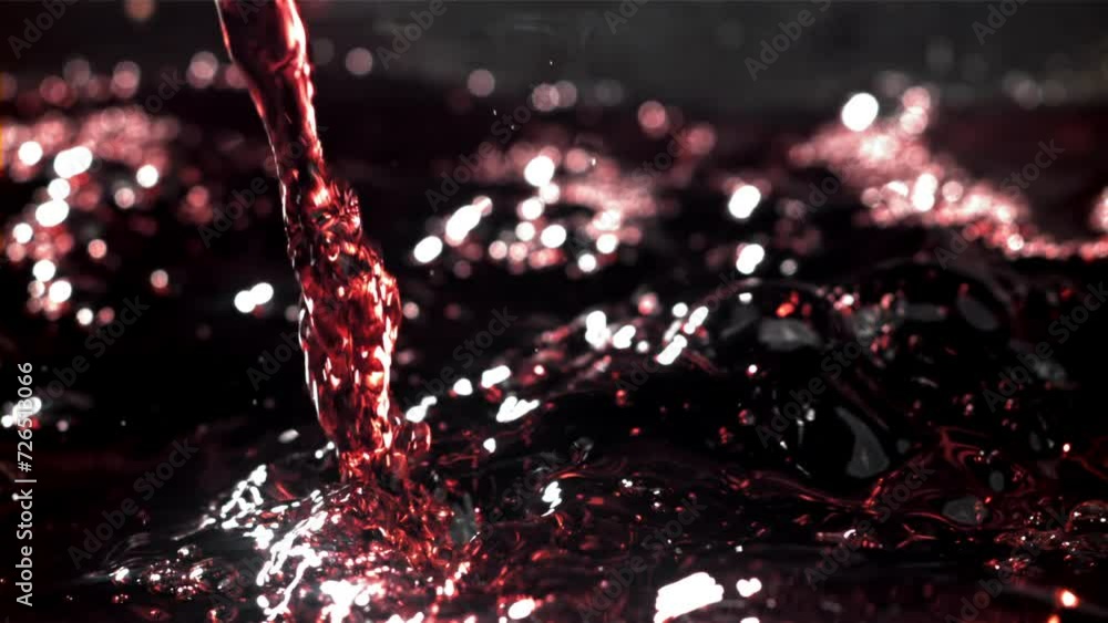 Red wine flows with splashes. Filmed on a high-speed camera at 1000 fps ...