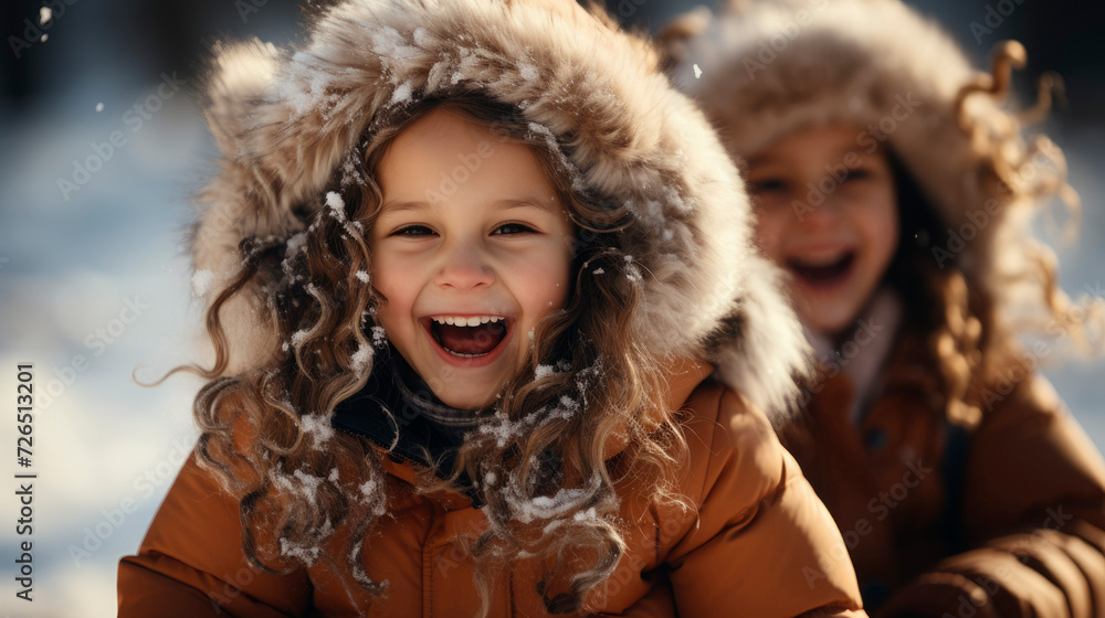 Two little girls playing while sledding in the snow laughing with their ...