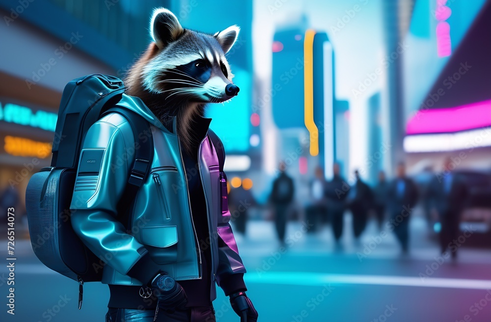 Raccoon with a human body with a bag in his hands goes to work,humanoid ...