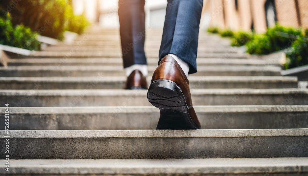 Businessman ascends infinite stairs, focusing on dark shoes and leg ...