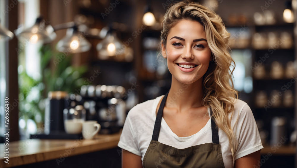 Background of coffee shop interior, girl barista smiles at camera ...