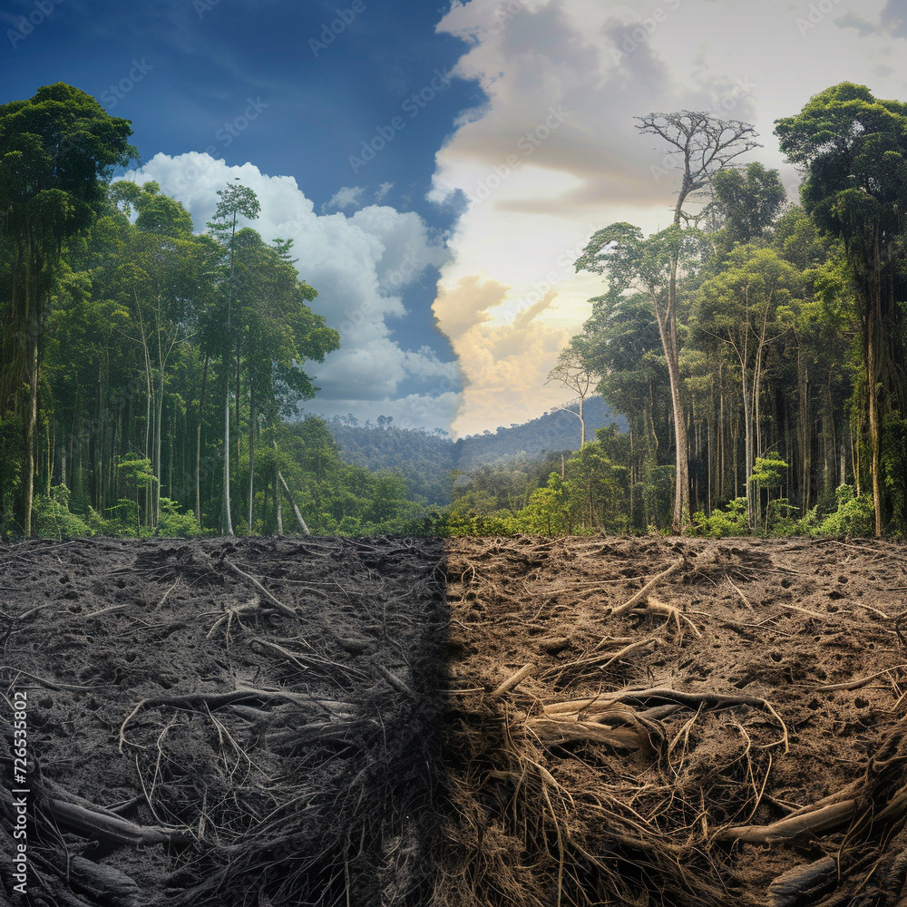 powerful before-and-after image depicting a vibrant forest ecosystem ...