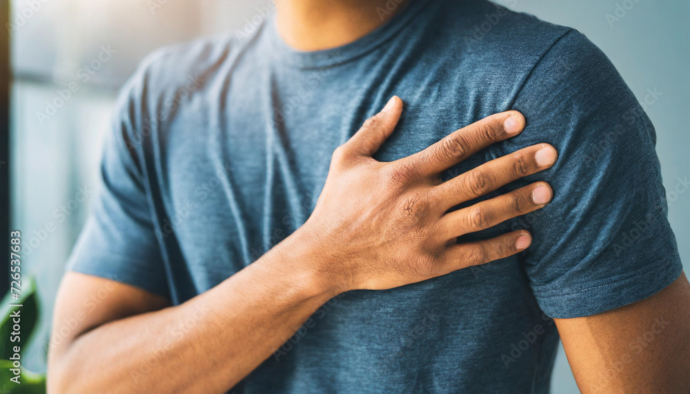 hand over chest, depicting heart attack pain, against a clean ...