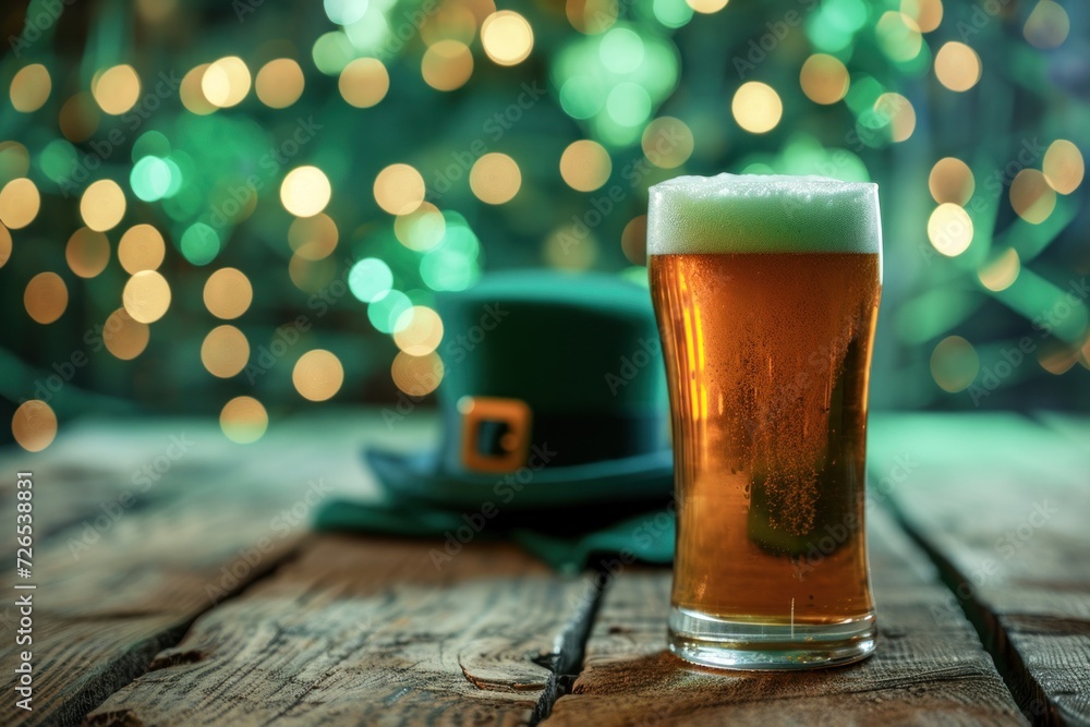 Patrick Day green beer and green hat on blurred green leprechaun ...