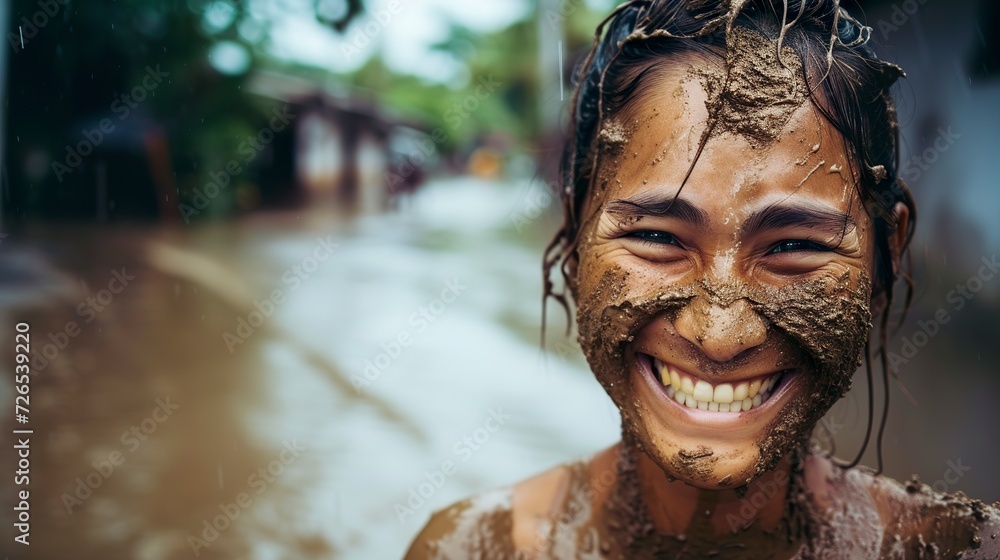 A person with a radiant smile after a flood with a face covered in mud ...