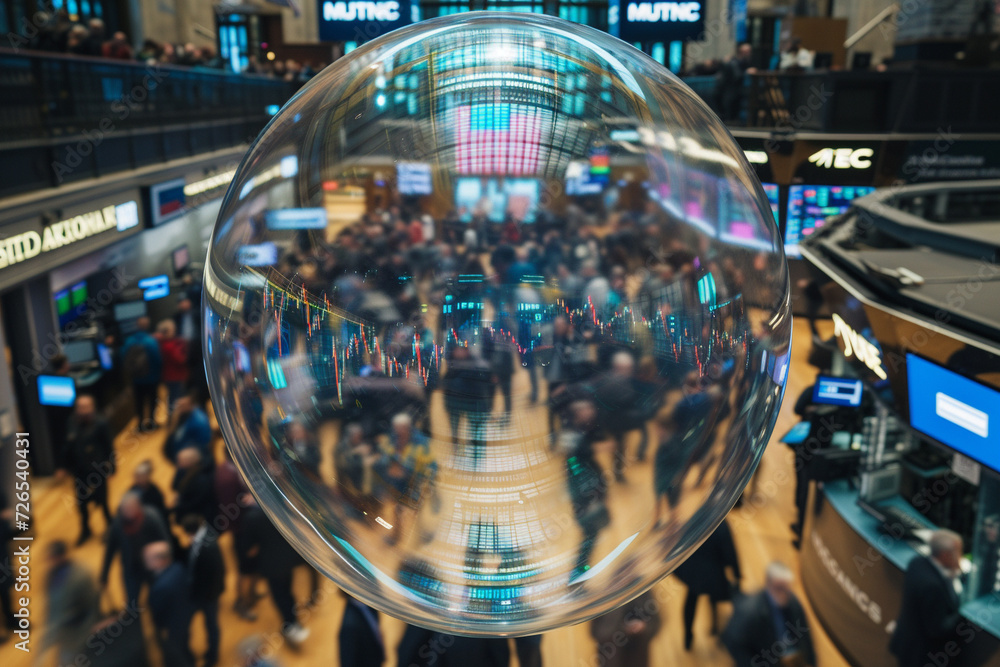 Economic bubble visualized with a transparent bubble over a bustling ...