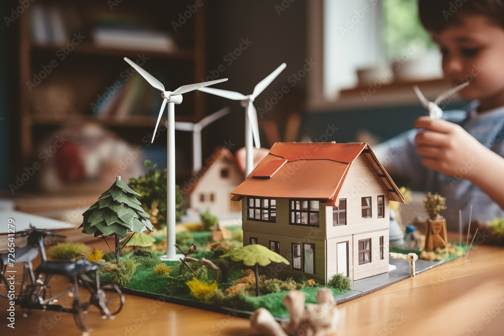 Wind turbine powers homes in scenic countryside,Close-up of teacher ...