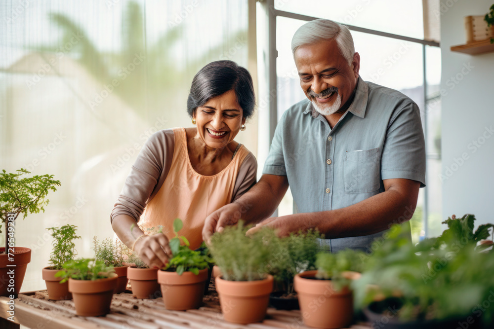 Indian married senior mature couple planting herbs in living room Stock ...