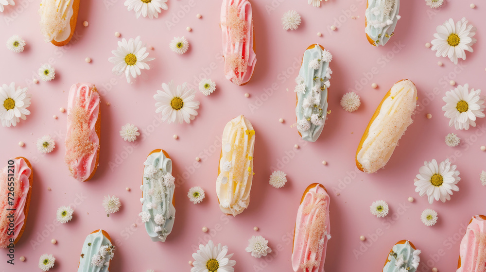 Flat lay of beautifully decorated eclairs with spring flower toppings ...