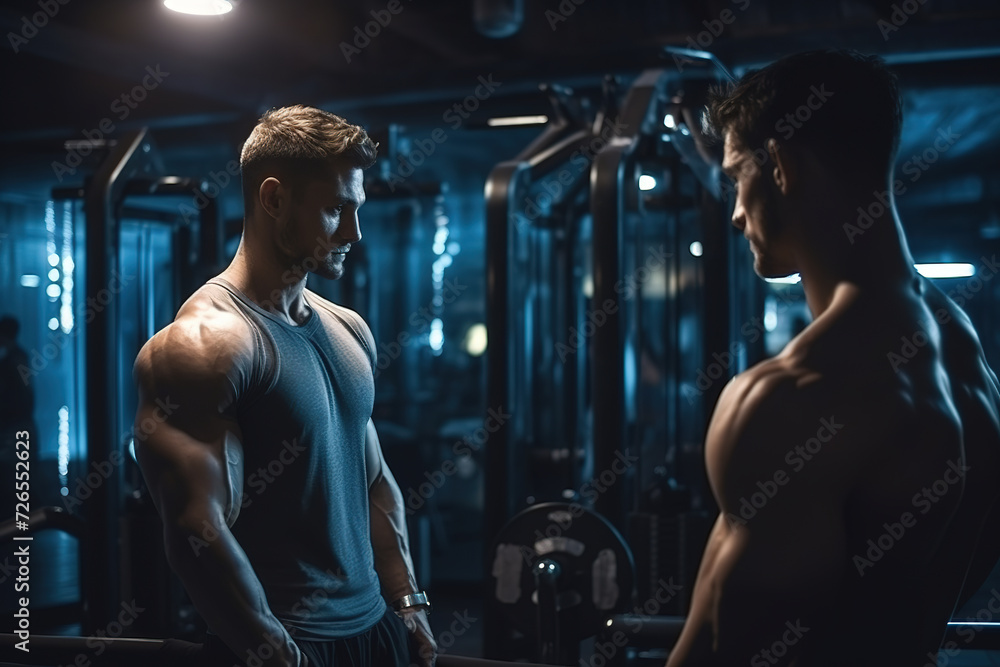 Handsome muscular bodybuilders looking to each other and measuring ...