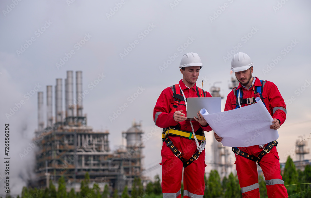 Engineer survey team wear uniform and helmet stand workplace checking ...