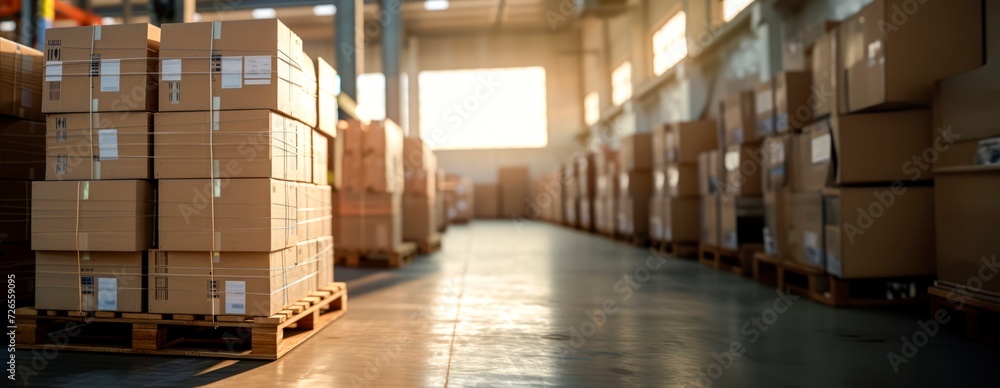 Pallets with boxes in delivery service warehouse. Storage hangar for ...
