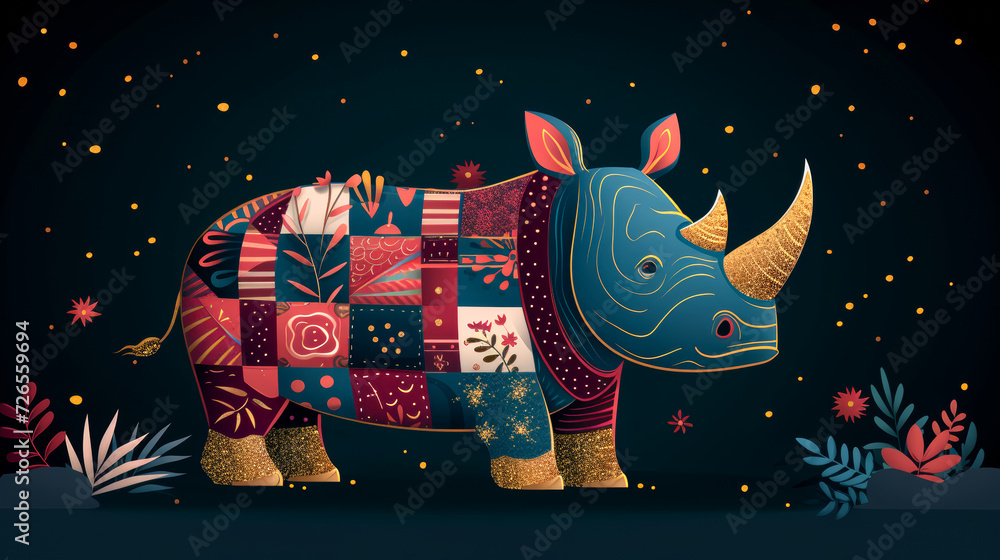 rhinoceros in the art style of bold colors and quilted patterns ...