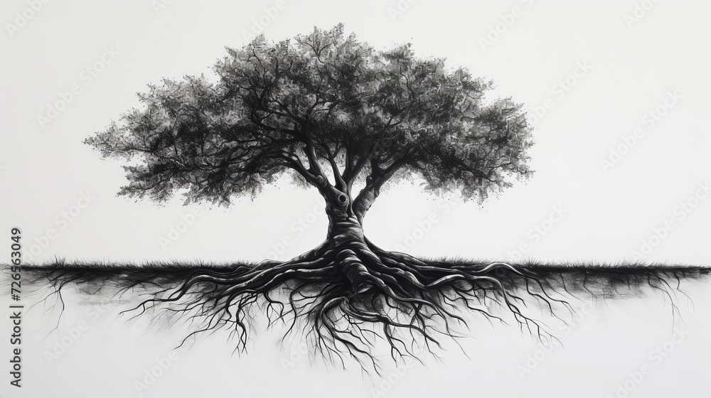 Monochrome Illustration of a Majestic Tree with Deep Roots and ...