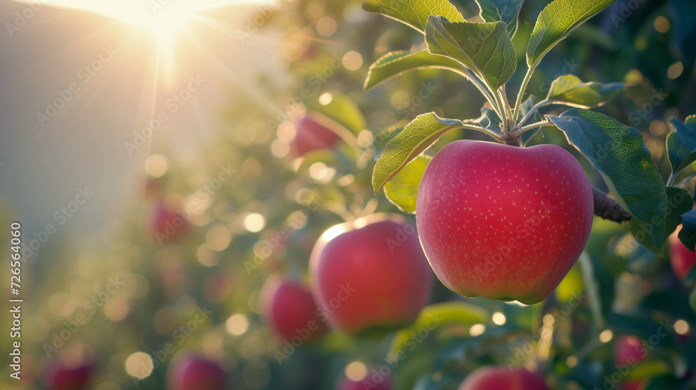 Fruit farm with apple trees. Branch with natural apples on blurred ...