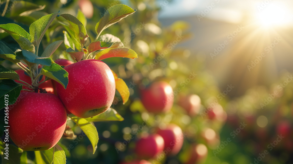 Fruit farm with apple trees. Branch with natural apples on blurred ...