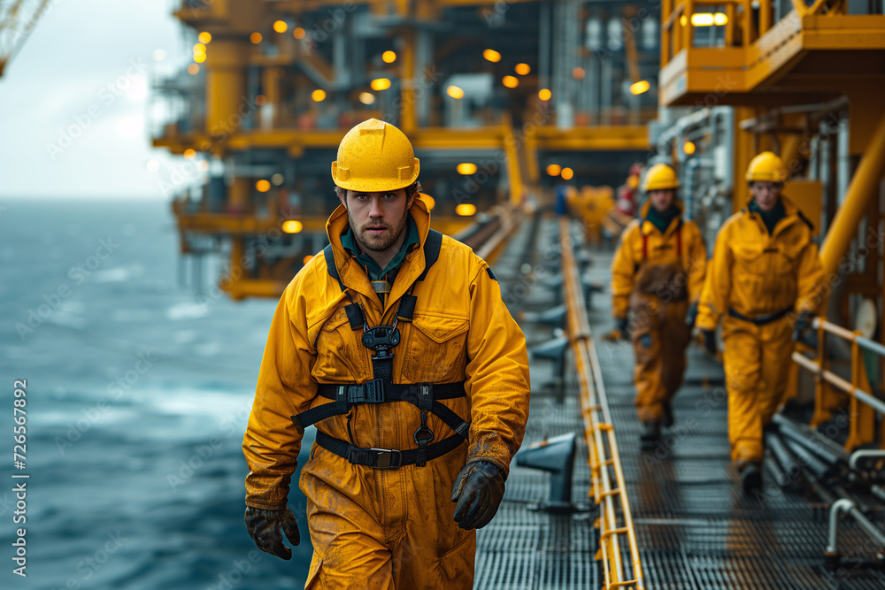 Oil rig workers in high-visibility coveralls and safety helmets are on ...