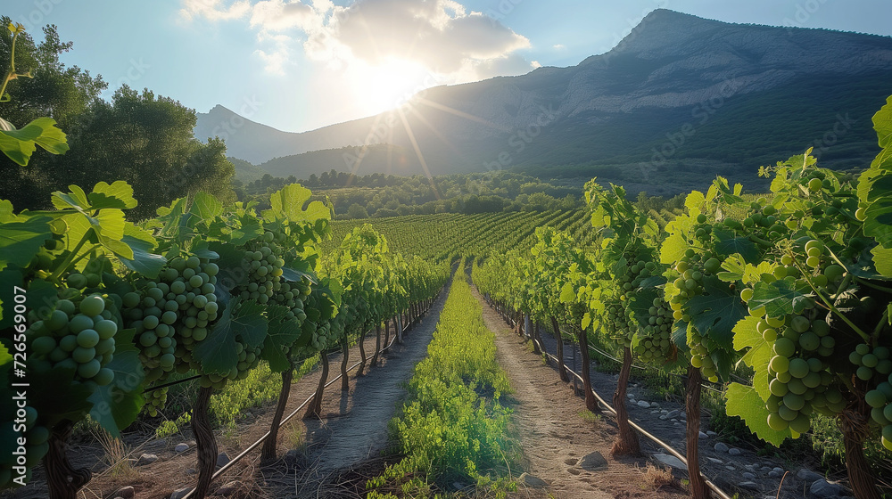 Fruit farm with apple trees. Branch with natural grapes on blurred ...