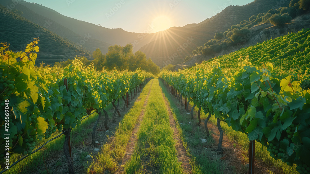 Fruit farm with apple trees. Branch with natural grapes on blurred ...