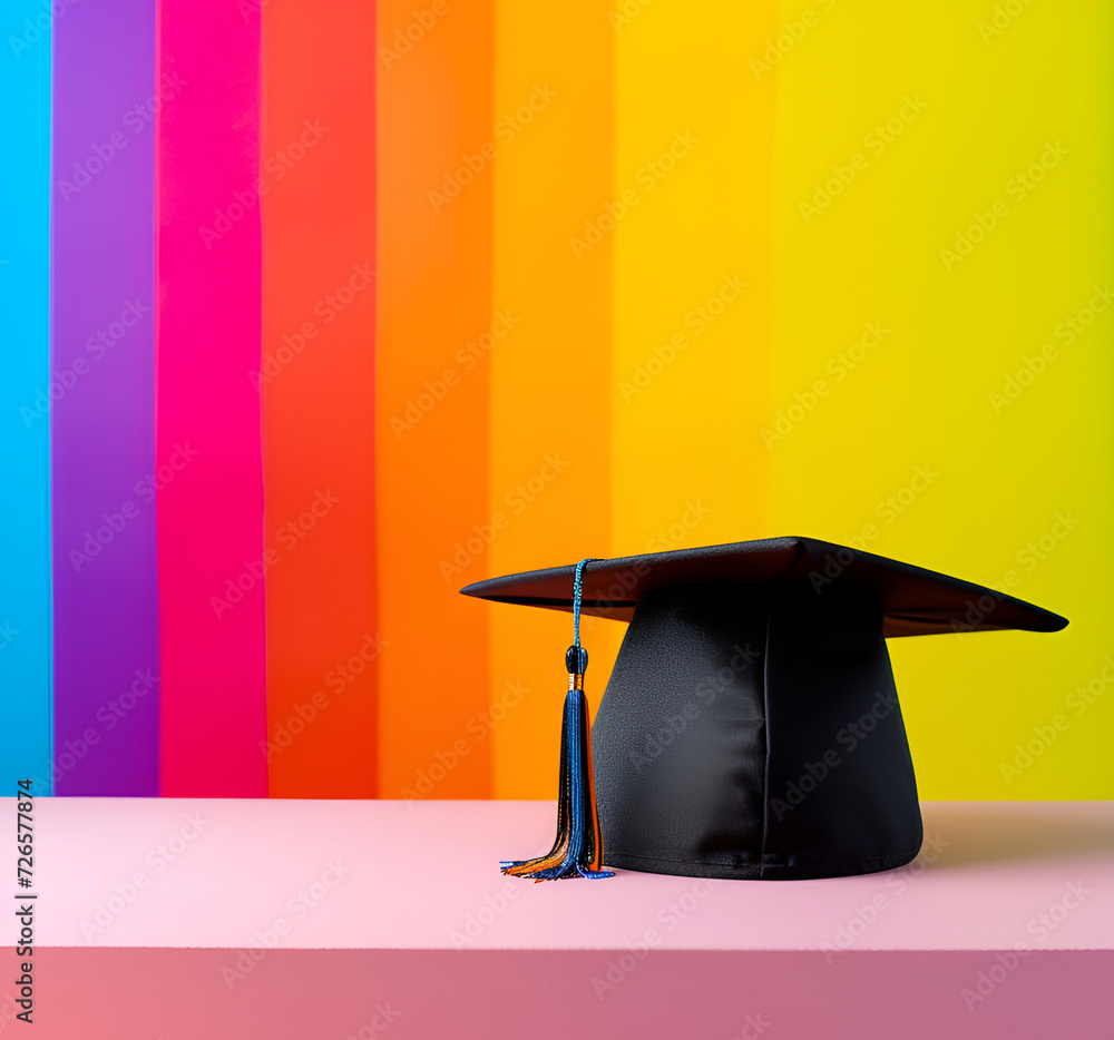 Black graduation cap with tassel on bright rainbow vibrant background ...