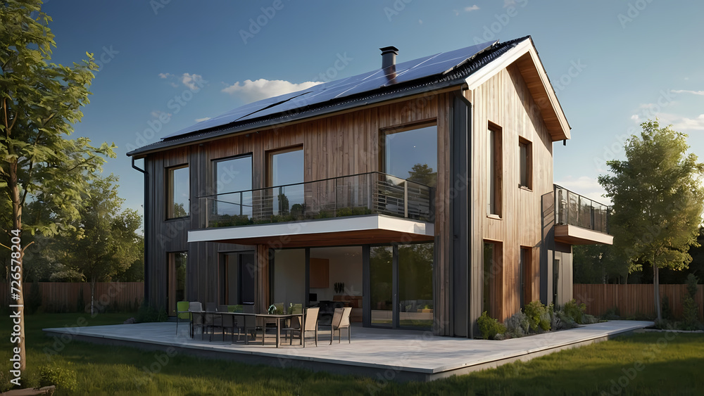 Modern passive house in a suburban setting, adorned with a photovoltaic ...