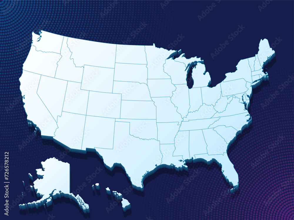 Minimalistic map of the USA blue color on dark blue background. Thin ...