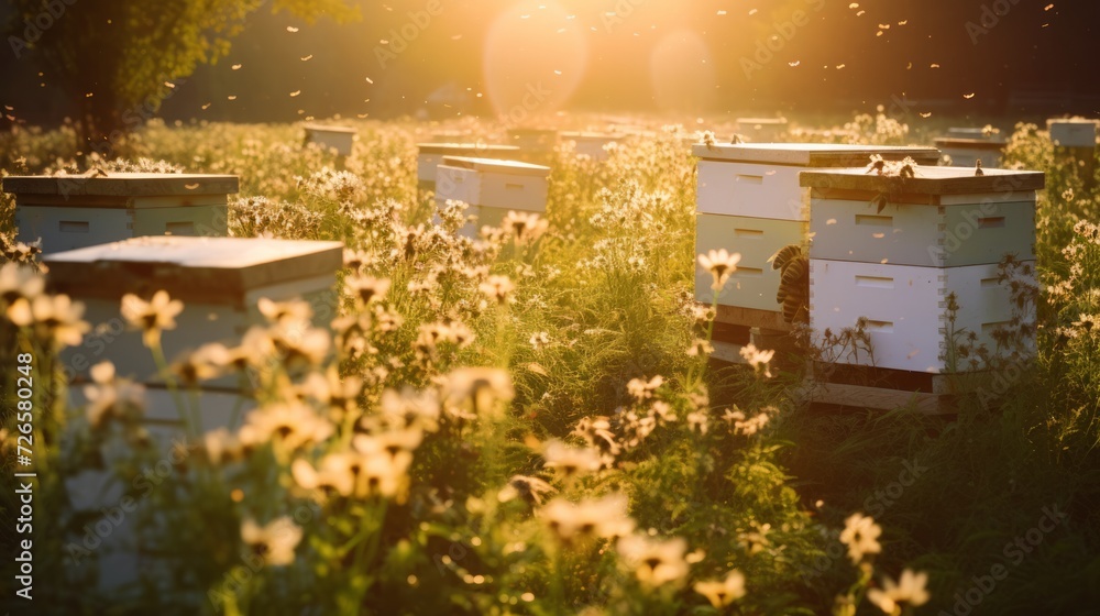 Hives in an apiary with bees flying to the landing boards. Apiculture ...