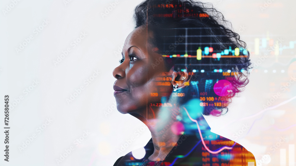 Double exposure, profile of elderly african woman city, data, symbol of ...