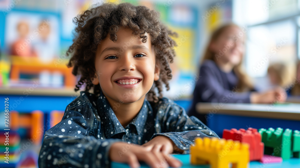 Cute brown young boy with Autism inside a special needs classroom ...